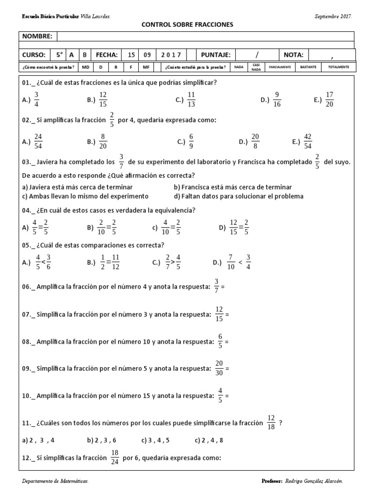 5° Básico - Prueba Fracciones (Conceptos Básicos) 2017 | PDF | Matemáticas