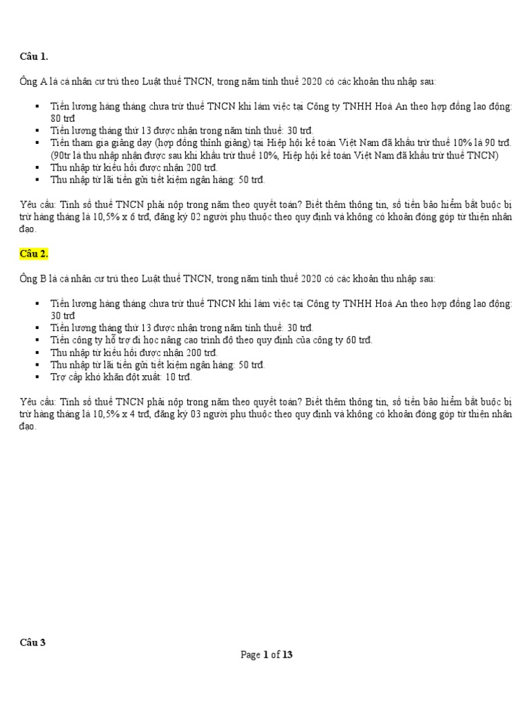 Bai Tap Thuc Hanh Thue TNDN&TNCN 2022 | PDF