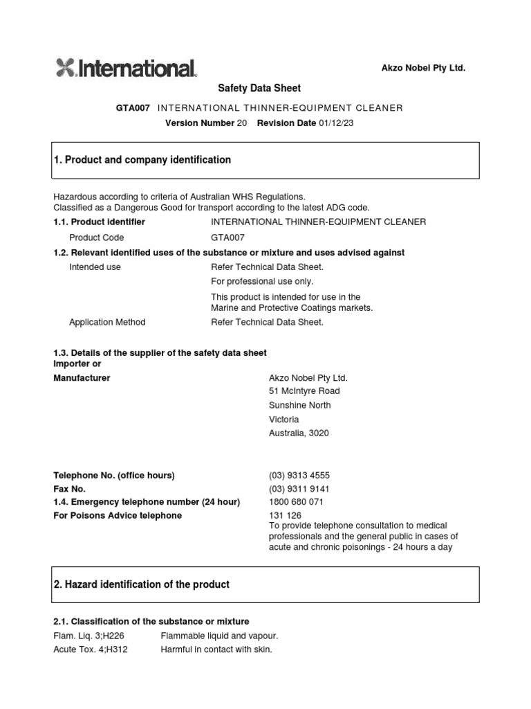 MSDS Thinner International GTA007 | PDF | Toxicity | Chemical Reactions