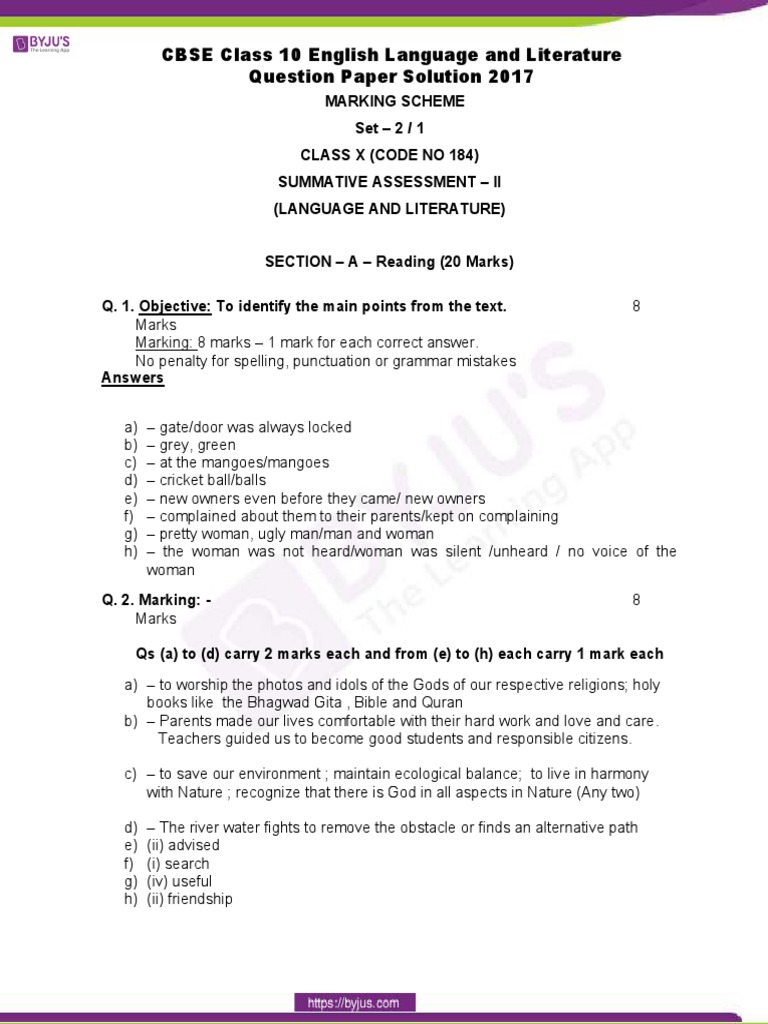 CBSE Class 10 English Language and Literature Previous Year Question ...