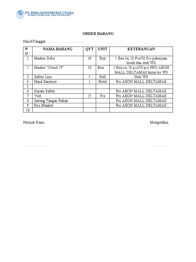 Form Order Barang | PDF