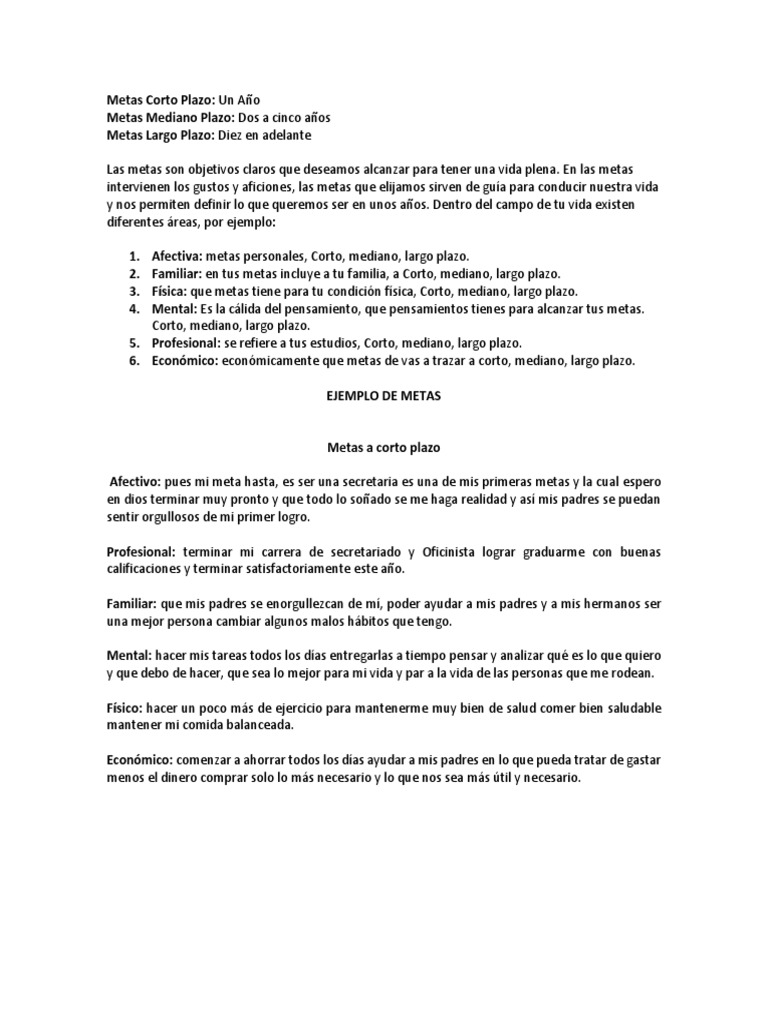 Ejemplos de Metas Personales Claras | PDF | Autoestima | Dieta