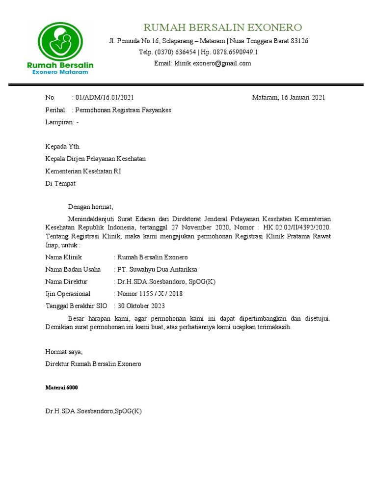 Surat Permohonan Registrasi Fasyankes Exonero | PDF