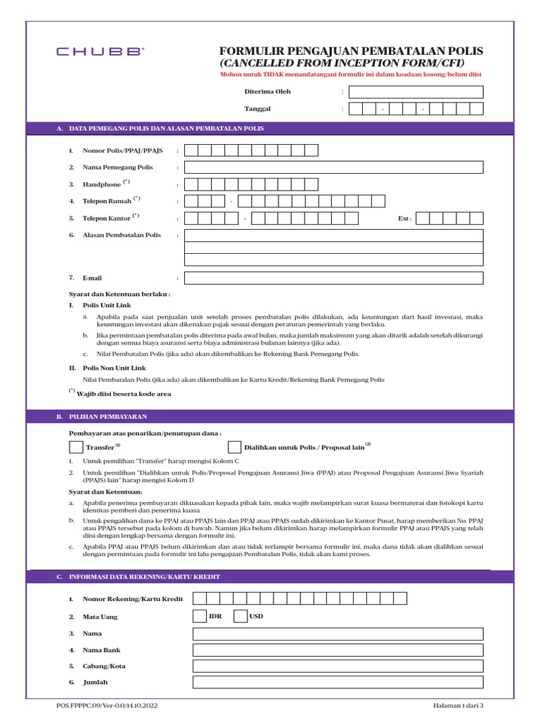 Formulir Pengajuan Pembatalan Polis Atau Cancelled From Inception Form ...