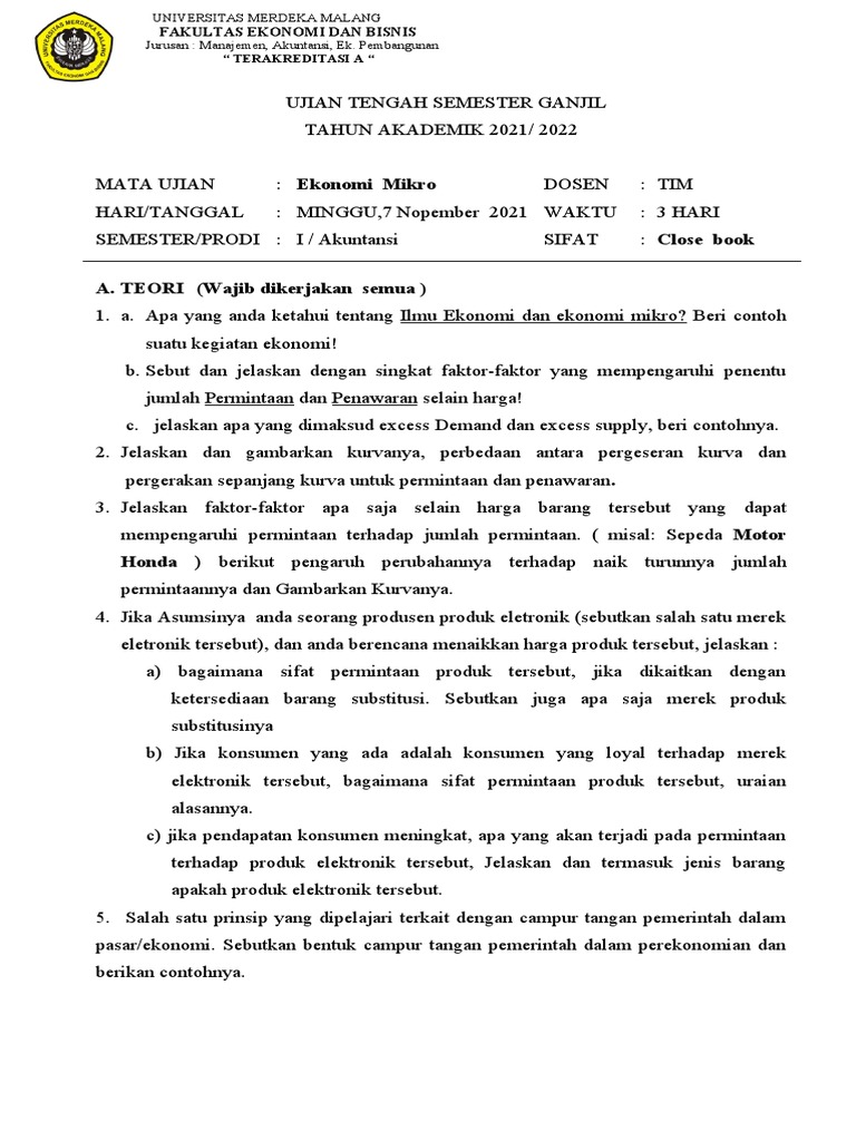 Ujian Uts Ekonomi Mikro 2021 | PDF