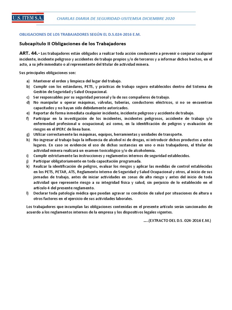 Obligaciones de Trabajadores Mineros | PDF | Seguridad y salud ocupacional
