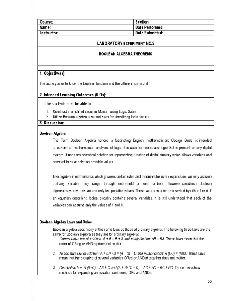 Laboratory Experiment 02 Boolean Algebra 1 Pdf Download Free Pdf Boolean Algebra