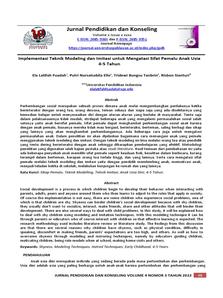 Implementasi Teknik Modeling Dan Imitasi Untuk Mengatasi Sifat Pemalu Anak Usia 4-5 Tahun | PDF