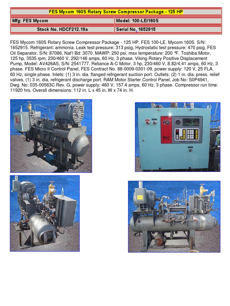 FES Mycom 160S Rotary Screw Compressor Package 125HP | PDF