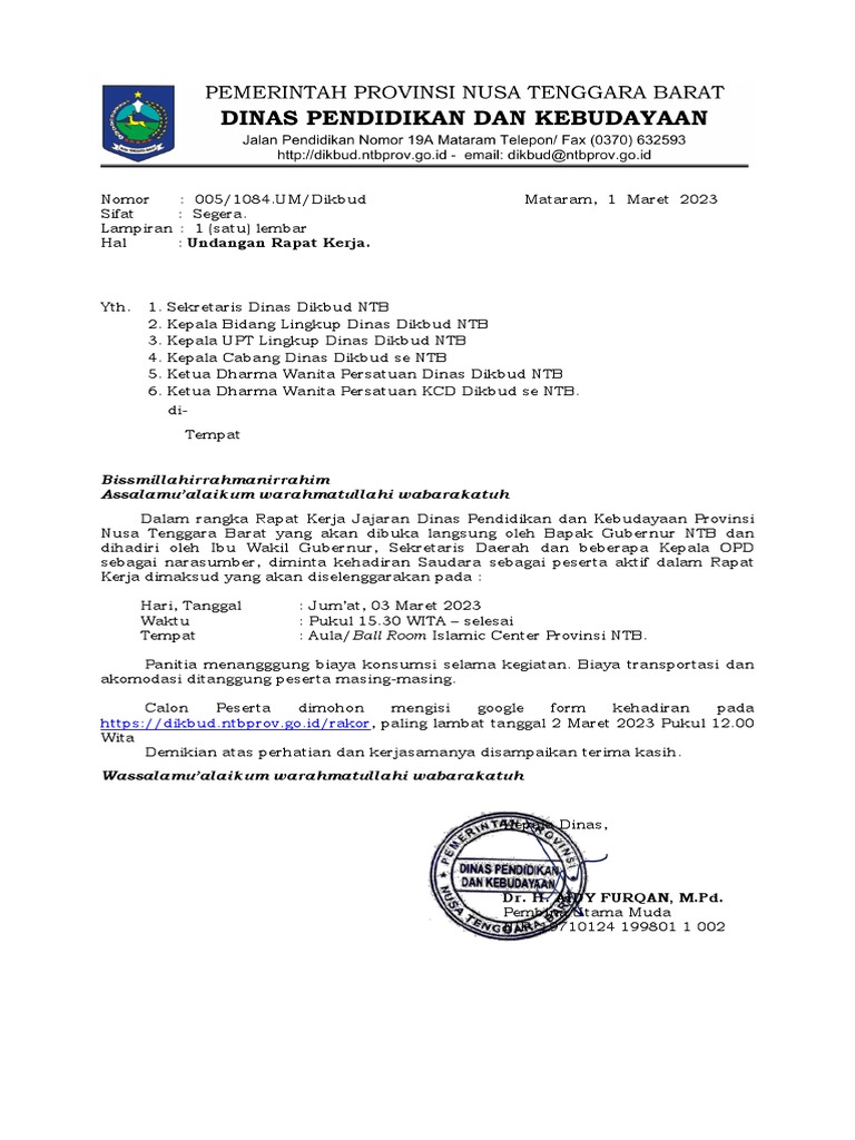 Surat Undangan RAKER_Sekdis_Kabid_Ka.UPT_KCD_DPW_050323 | PDF