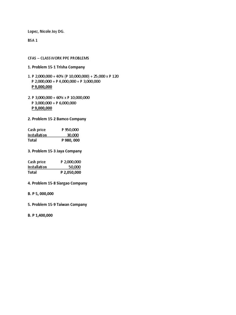 Lopez, Nicole Joy CLASSWORK - PPE PROBLEMS CFAS | PDF