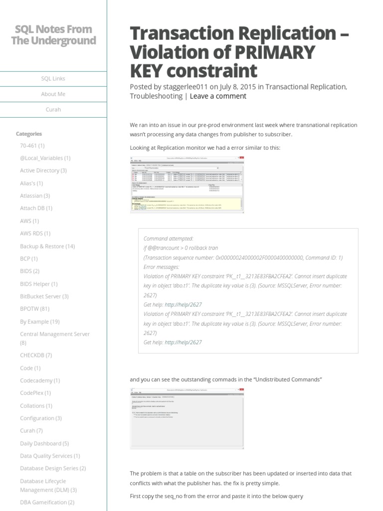 Transaction Replication - Violation of PRIMARY | PDF | Microsoft Sql Server | Replication ...