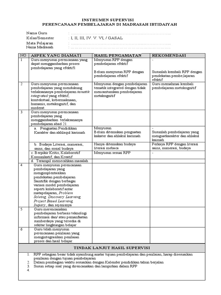 Supervisi RPP Madrasah Ibtidaiyah | PDF