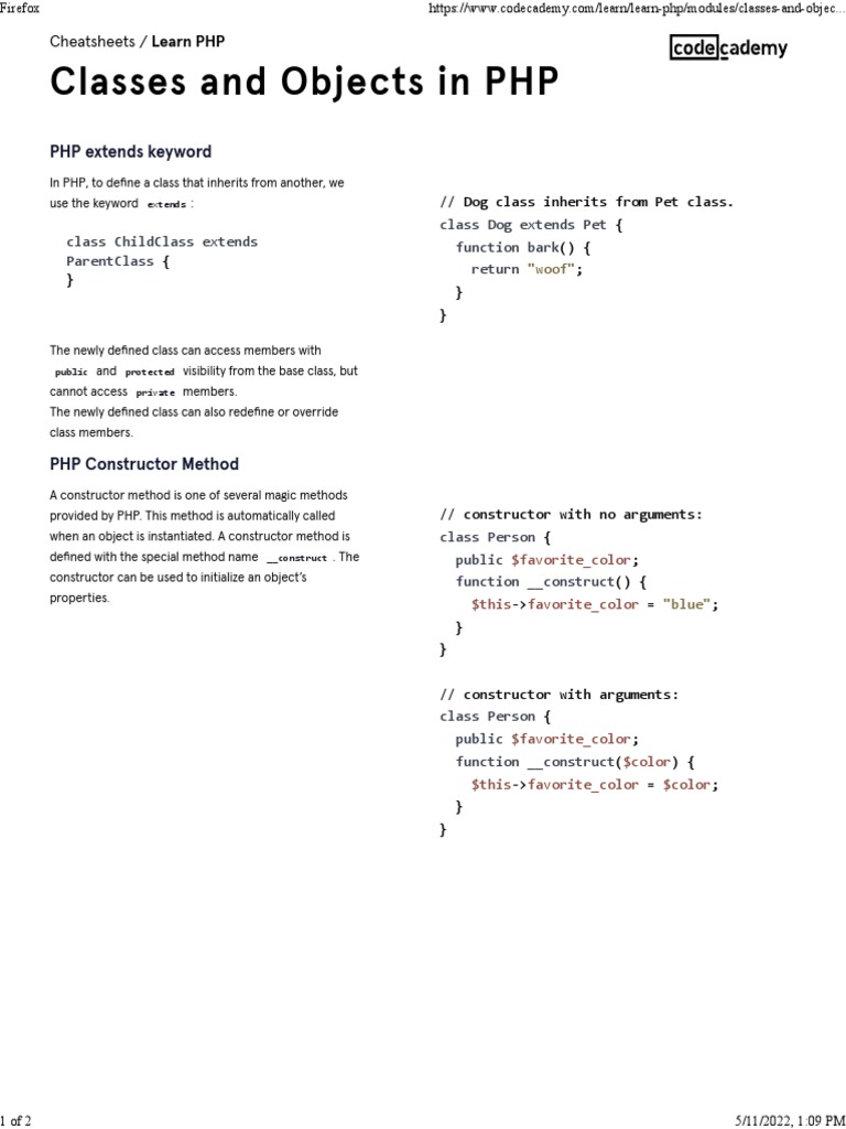 Cheatsheet Oop PHP | PDF | Programming | Constructor (Object Oriented Programming)