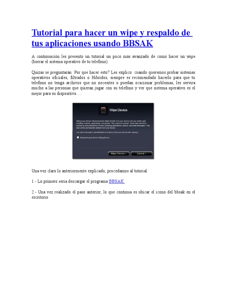 Tutorial para Hacer Un Wipe y Respaldo de Tus Aplicaciones Usando BBSAK | PDF | Sistema ...