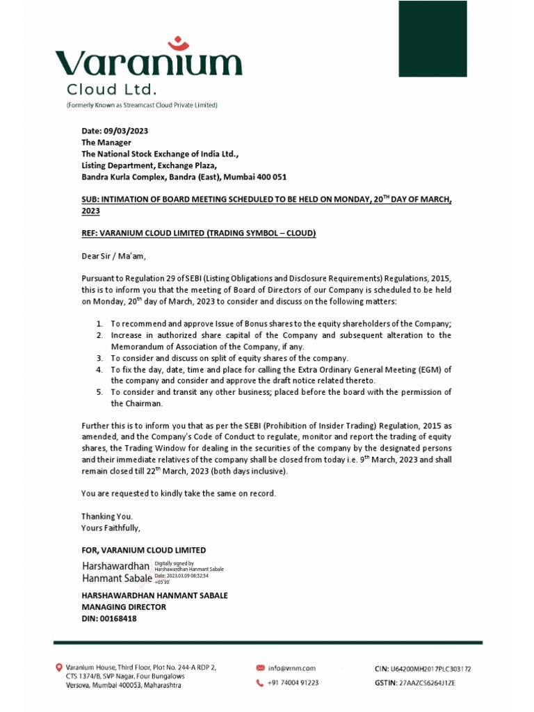 Varanium Cloud Board Meeting Notice | PDF | Law