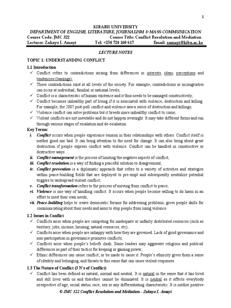 JMC 322 Conflict Resolution - Notes | PDF | Negotiation | Mediation