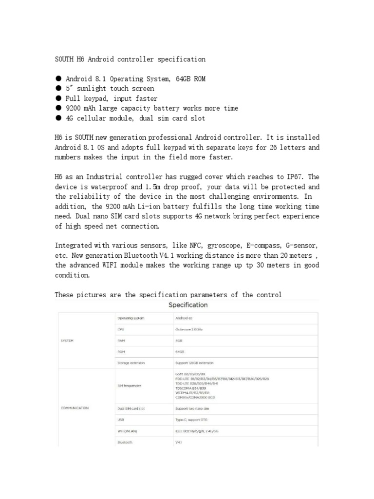 SOUTH H6 Android Controller Specs | PDF