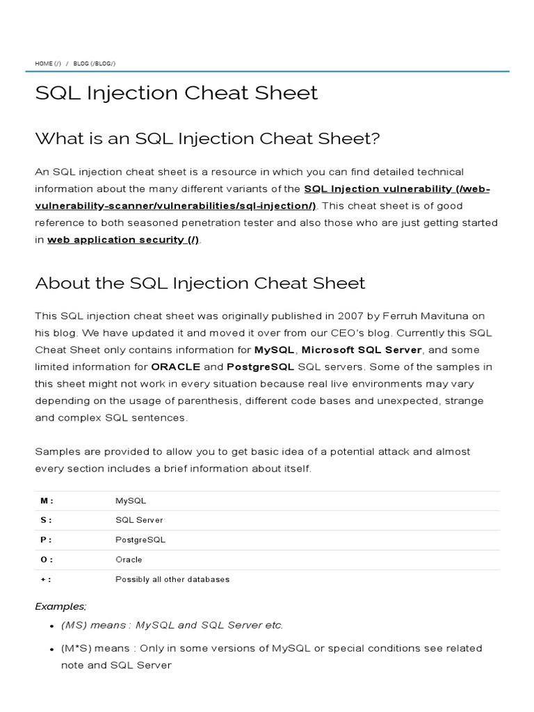 SQL Injection Cheat Sheet - Netsparker | PDF | Sql | Microsoft Sql Server
