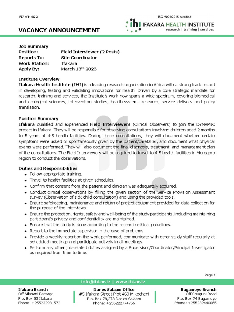 Field Interviewer Clinical Observer Ifakara Job Announcment | PDF ...