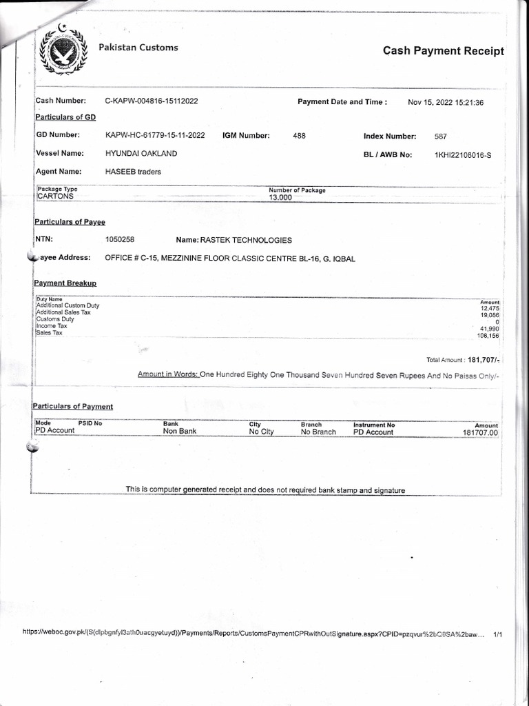 Cash Payment Receipt: Paklstan Customs | PDF | Economies | Trade