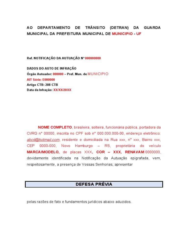 Modelo Defesa Prévia AI - Art 208 CTB | PDF