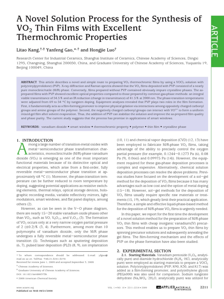 A Novel Solution Process For The Synthesis of VO Thin Films With Excellent Thermochromic ...
