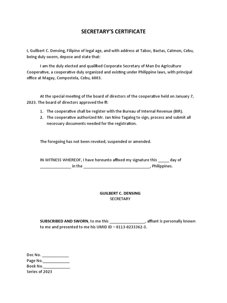 Secretary Certificate - BIR Registration | PDF | Finance & Money ...