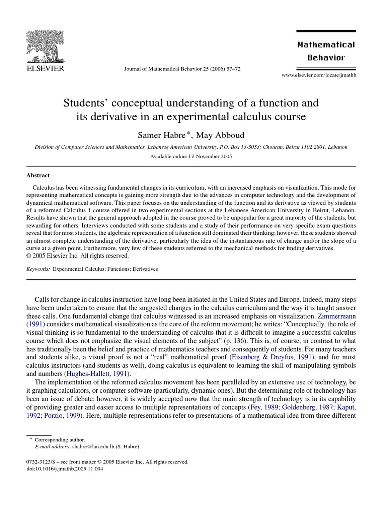 Students Conceptual Understanding of A Function and Its Derivative in An Experimental Calcul ...