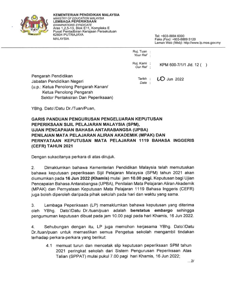 Surat Makluman Garis Panduan Pengurusan Keputusan SPM 2021 PDF | PDF