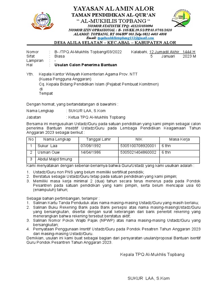 Contoh Permohonan Insentif USTDZ TPQ | PDF