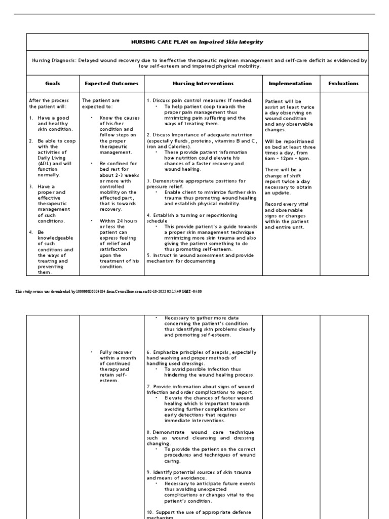 NURSING CARE PLAN On Impaired Skin Integrity | PDF | Wound | Self Esteem