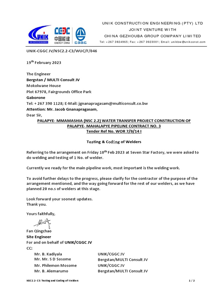 Letter to Engineer 46 - Testing & Coding of Welders | PDF