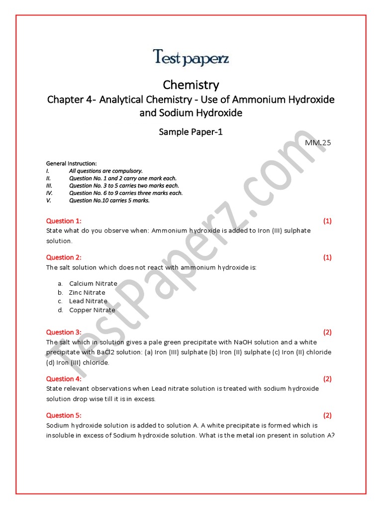 Analytical Chemistry Paper 1 | PDF | Hydroxide | Precipitation (Chemistry)
