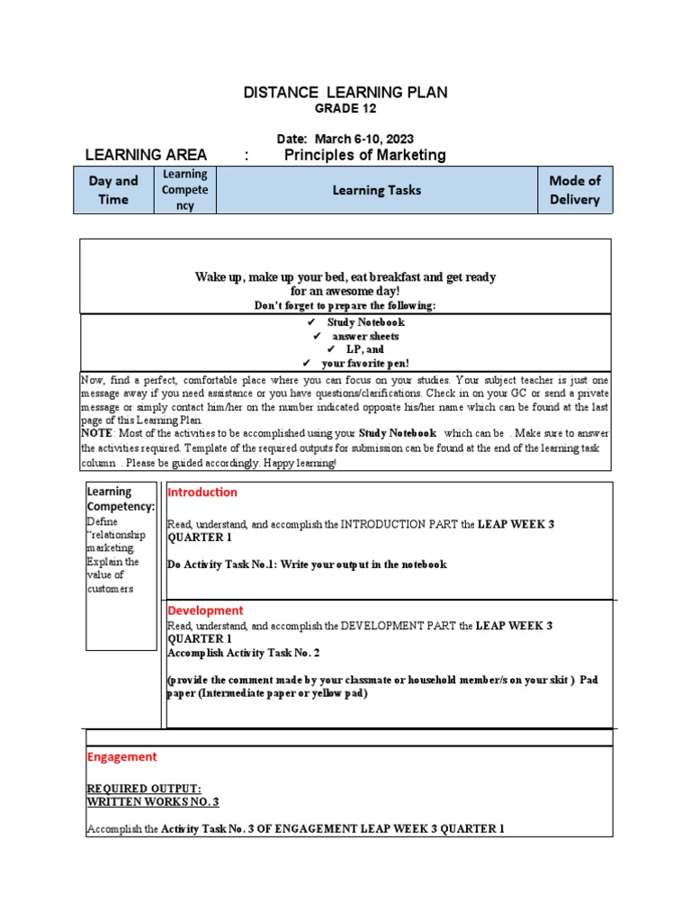 Distance Learning Plan POM | PDF | Business | Self-Improvement