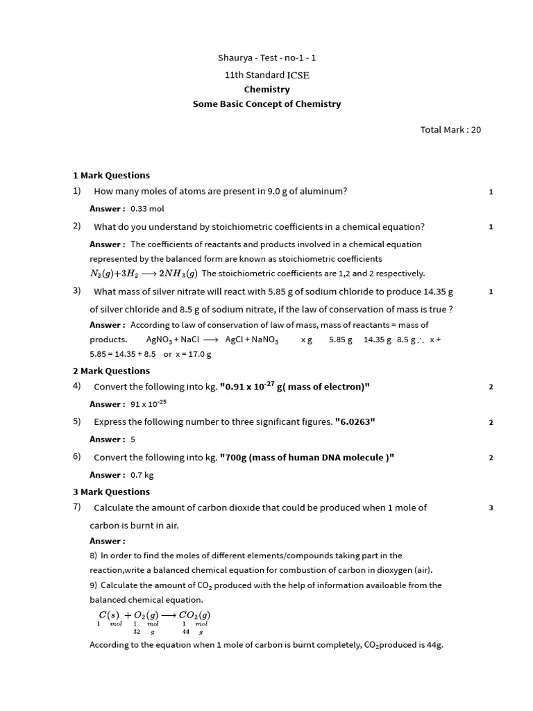 Test No-1 - Basic Concept of Chemistry-Key | PDF | Stoichiometry | Mole ...