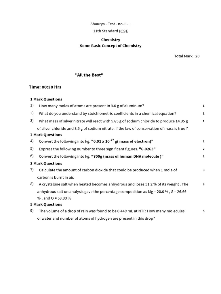 Test No-1 - Basic Concept of Chemistry | PDF