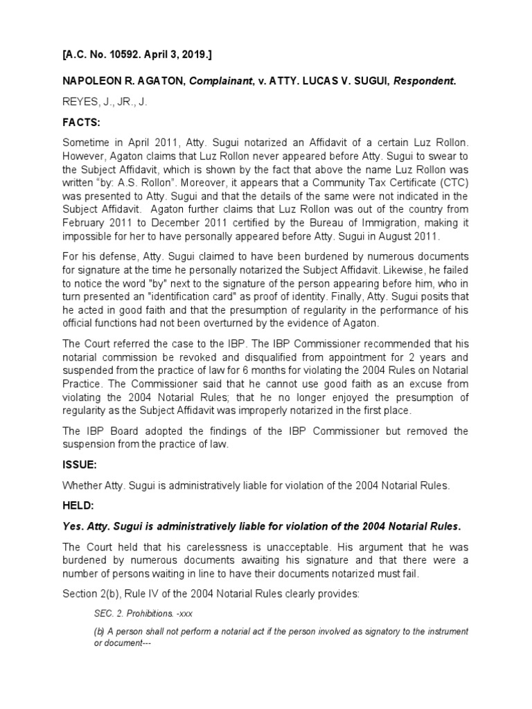 Agaton vs. Atty. Sugui | PDF | Affidavit | Notary Public