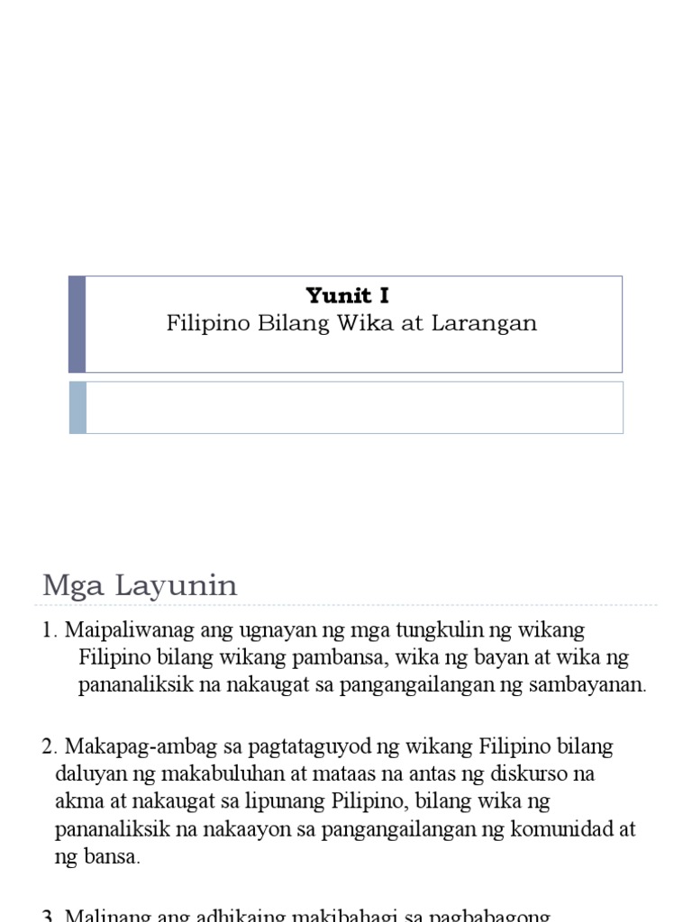 Yunit I - Filipino Bilang Wika at Larangan | PDF