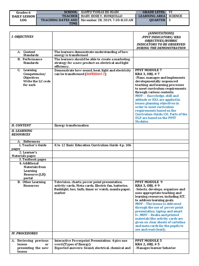 Grade VI Science Lesson on Energy Transformation | PDF | Learning ...