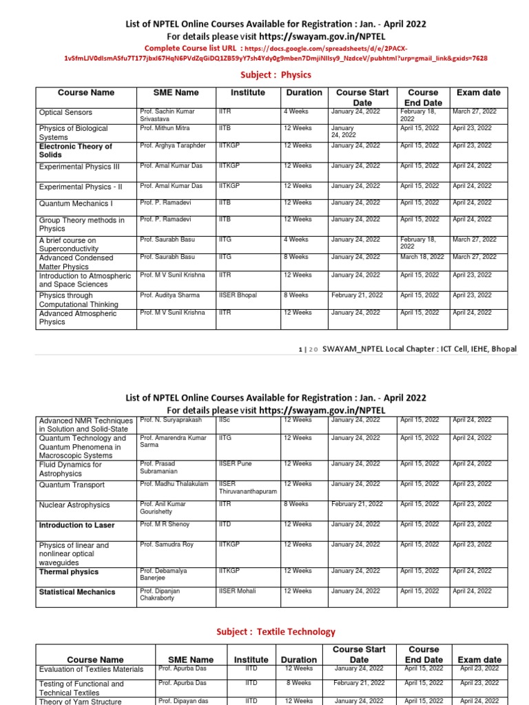 NPTEL Course List Jan 2022 | PDF | Physics | Chemistry
