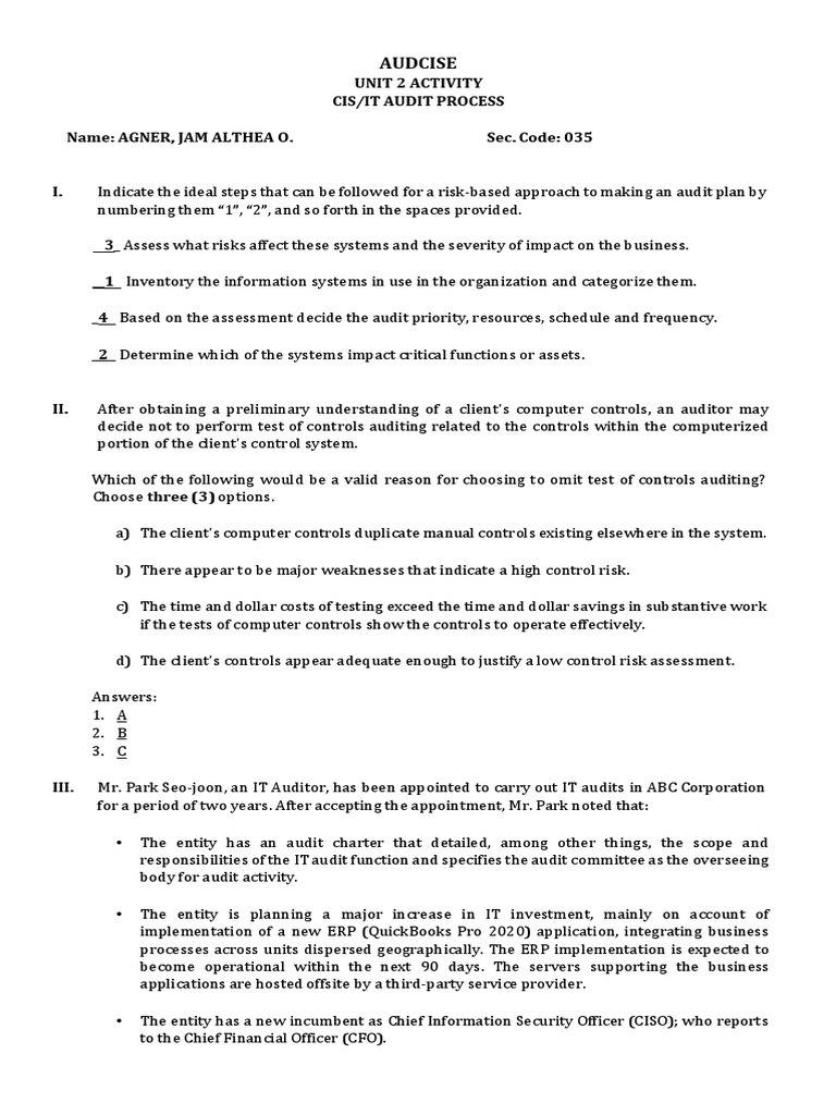 AUDCISE Unit 2 Worksheet - Agner, Jam Althea O | PDF | Audit | Risk