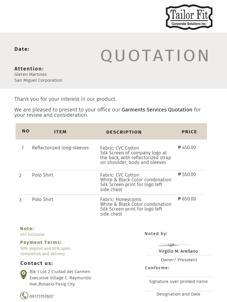 Quotation for San Miguel Corporation Providing Details on Corporate ...