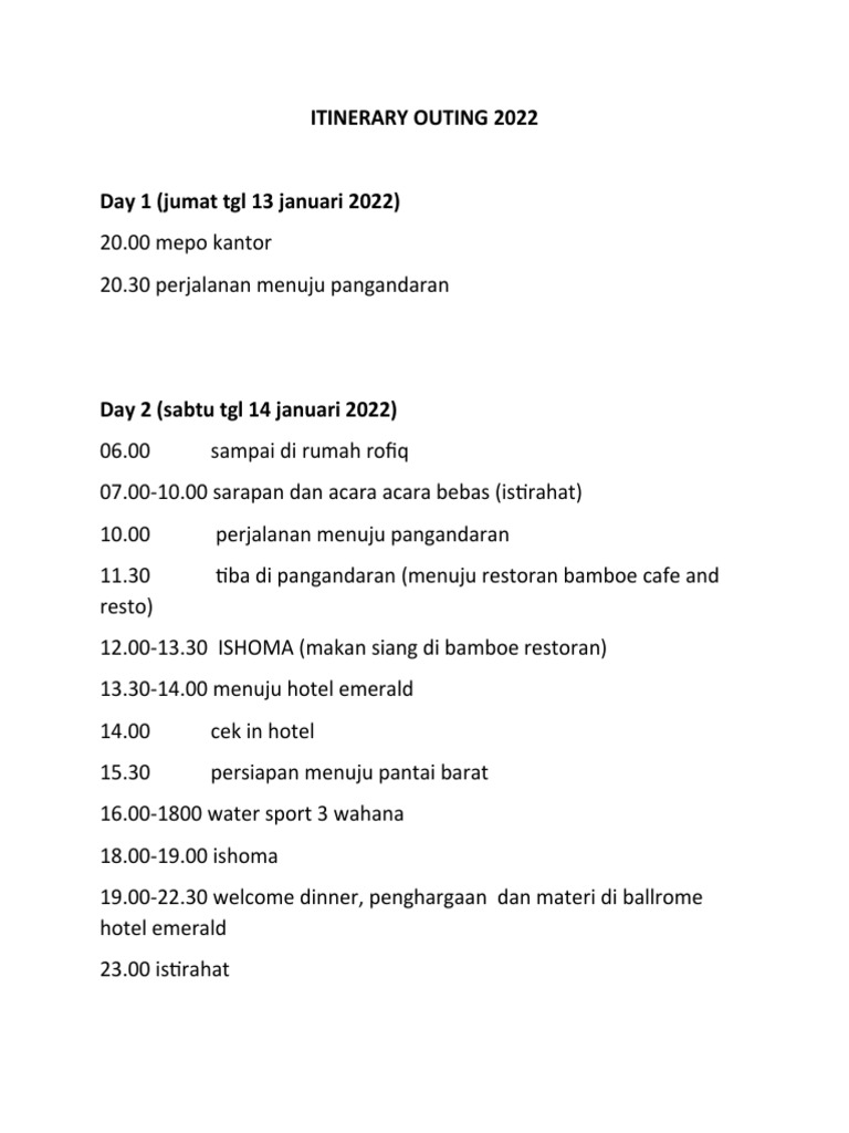 Itinerary Outing 2022 | PDF