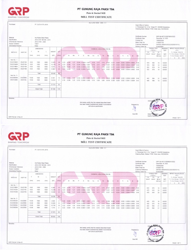 MTC Plate 6MM SS540 | PDF | Industrial Processes | Metalworking
