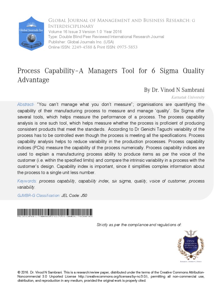 Process Capability - A Managers Tool For 6 Sigma Quality Advantage | PDF | Six Sigma | Standard ...