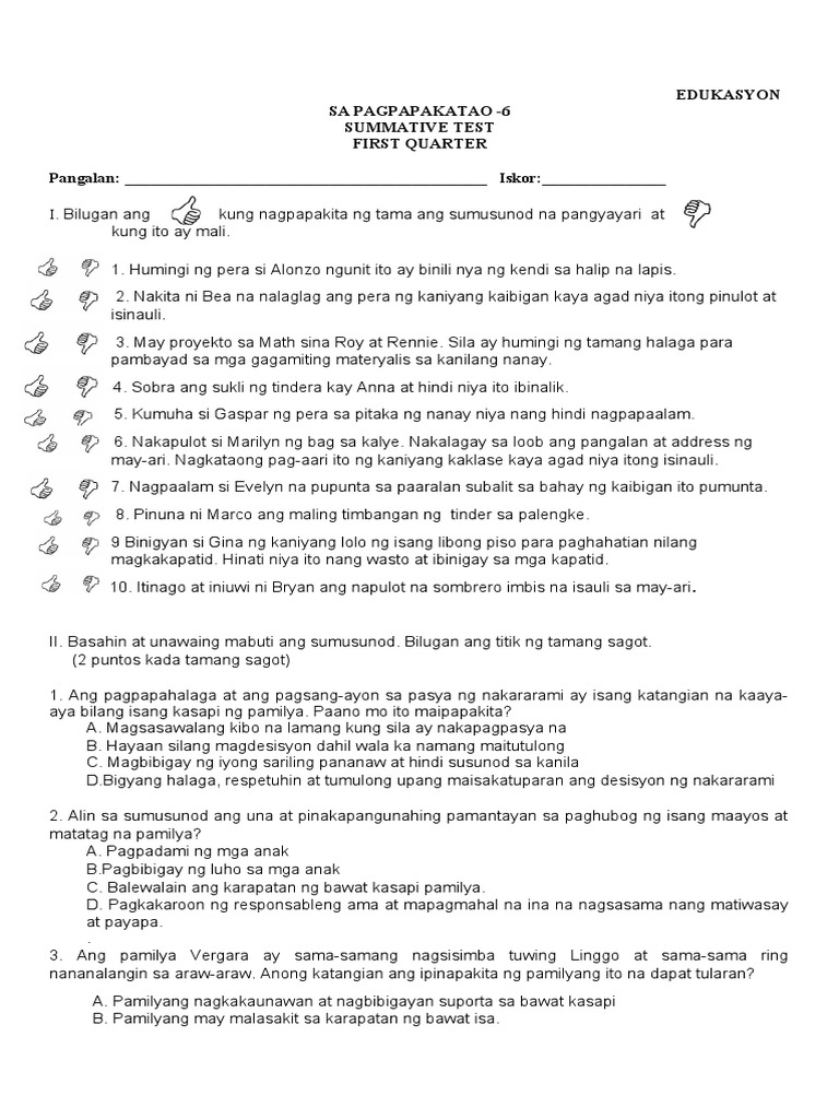 ESP 6 Summative.Q1 | PDF