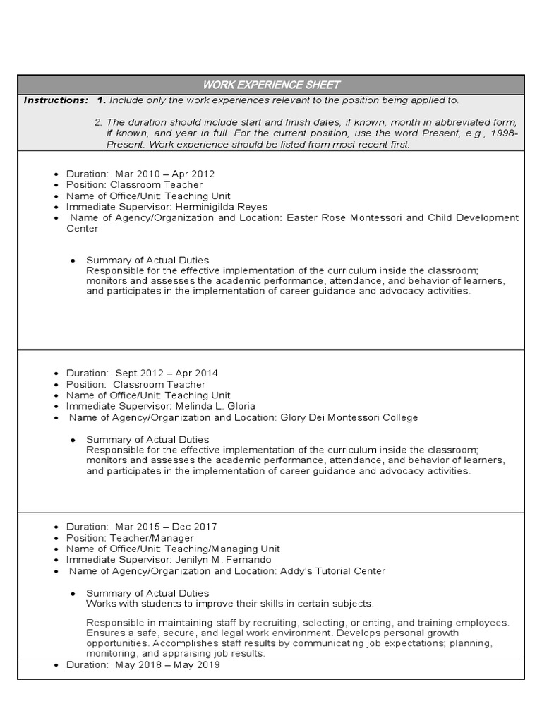 CS Form No 212 Work Experience Sheet | PDF | Teachers | Curriculum
