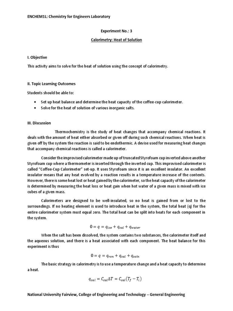 Experiment 3. Calorimetry Heat of Solution | PDF | Heat | Continuum ...