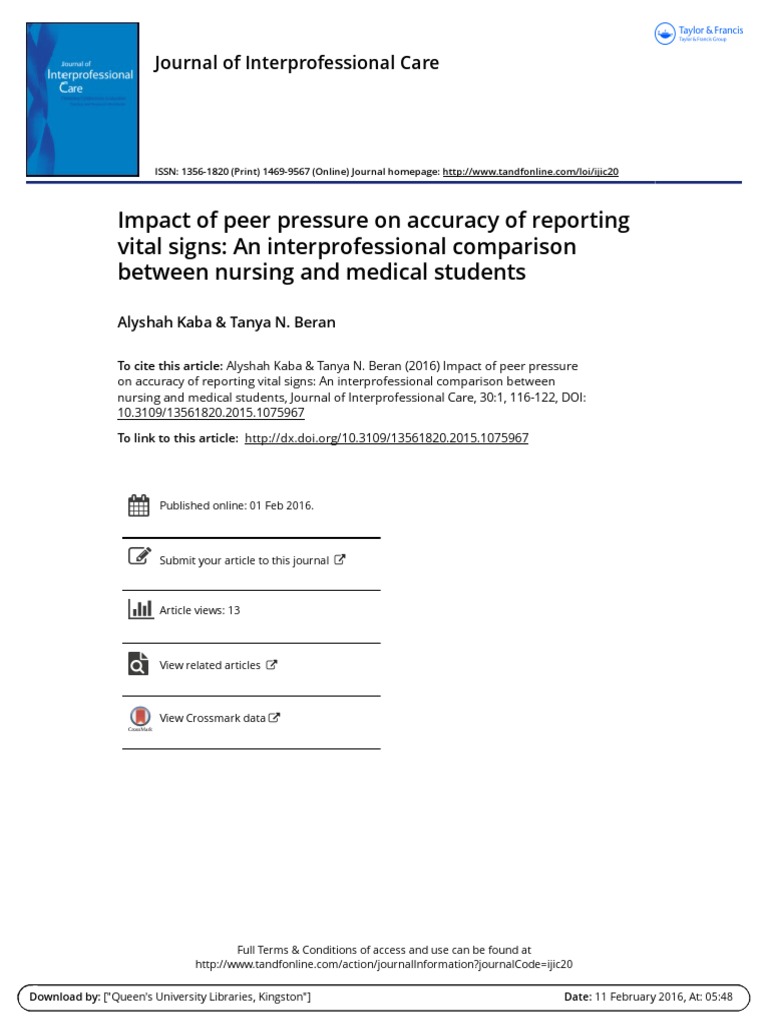 Impact of Peer Pressure On Accuracy of Reporting Vital Signs An Interprofessional Comparison ...
